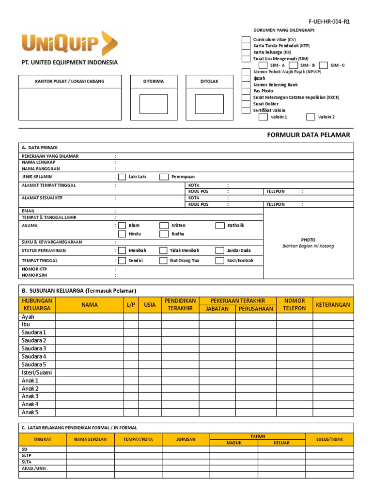Formulir Data Pelamar Kerja UEI | PDF