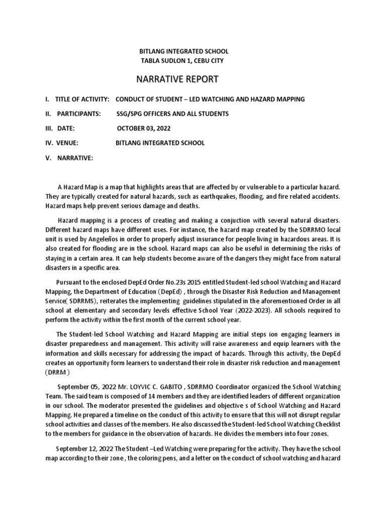 Narrative Report On Student Led Hazard Mapping | PDF | Hazards ...