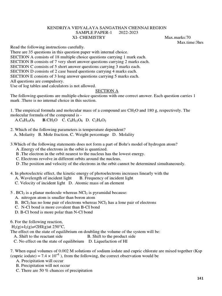 Xi Chem Sample Paper-1 | PDF | Ion | Physics