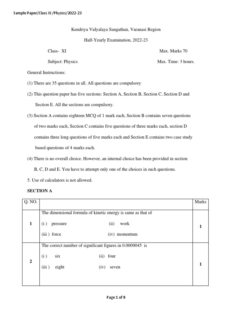 SAMPLE PAPER Physics XI by S.K. Pandey Principal KV Gangrani | PDF ...