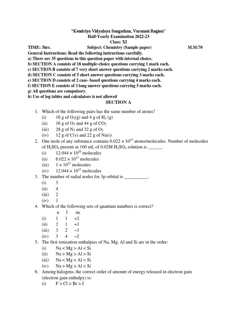 HALF YEARLY SAMPLE PAPER CLASS XI CHEM | PDF | Atomic Orbital | Electron
