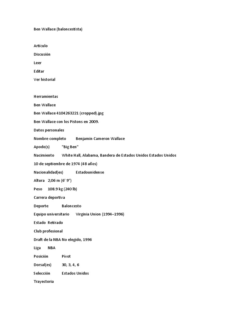 Ben Wallace | PDF | Equipos de la Asociación Nacional de Baloncesto ...