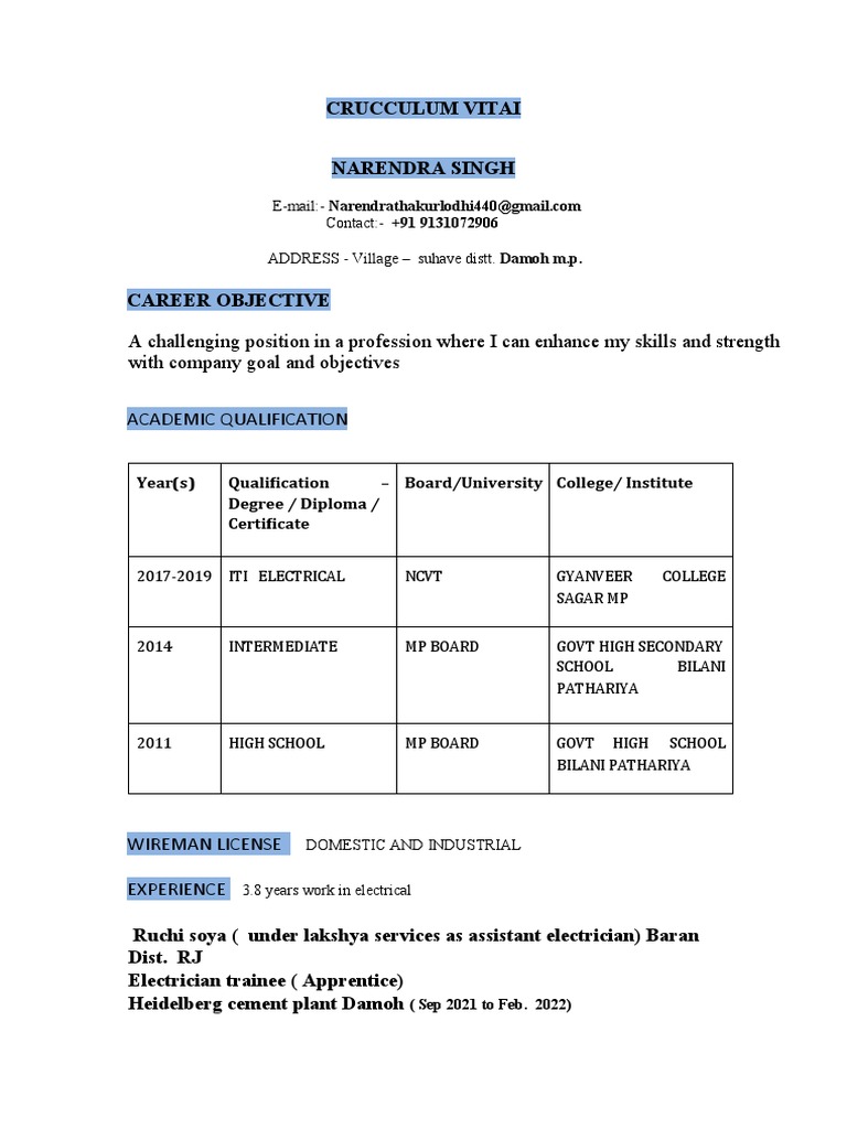 Narendra Singh CV For Electrician. | PDF | Electrician | Air Conditioning