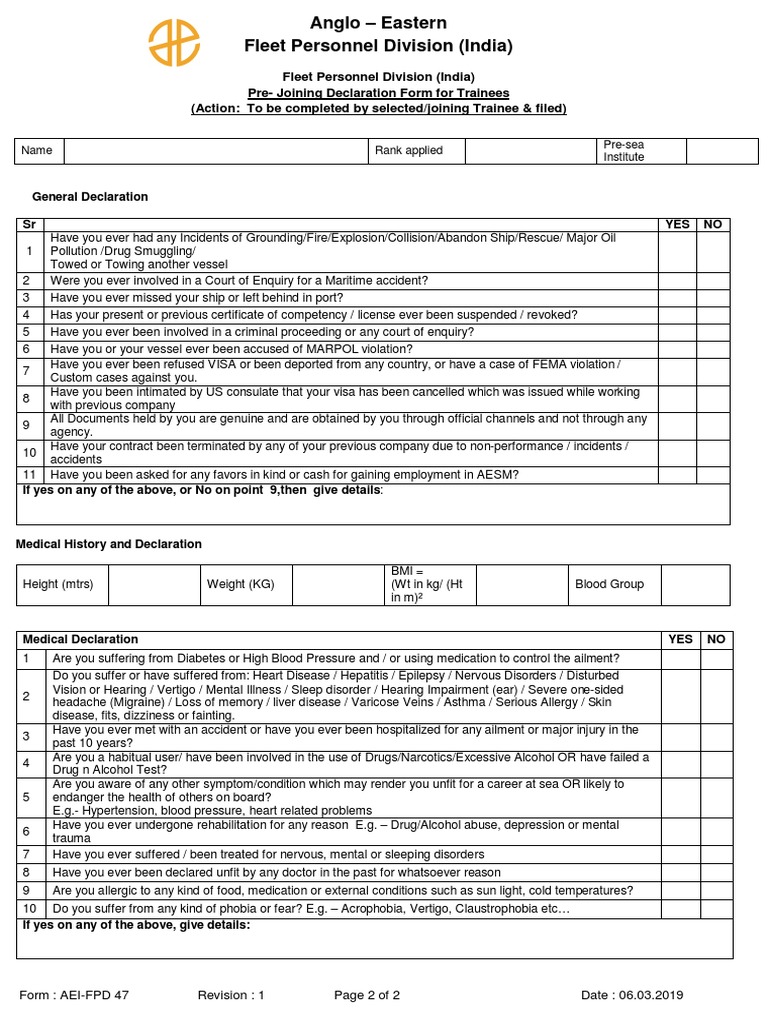 AEI-FPD 47 - Pre-joining Declaration for Trainees (004) | PDF | Vertigo | Hypertension
