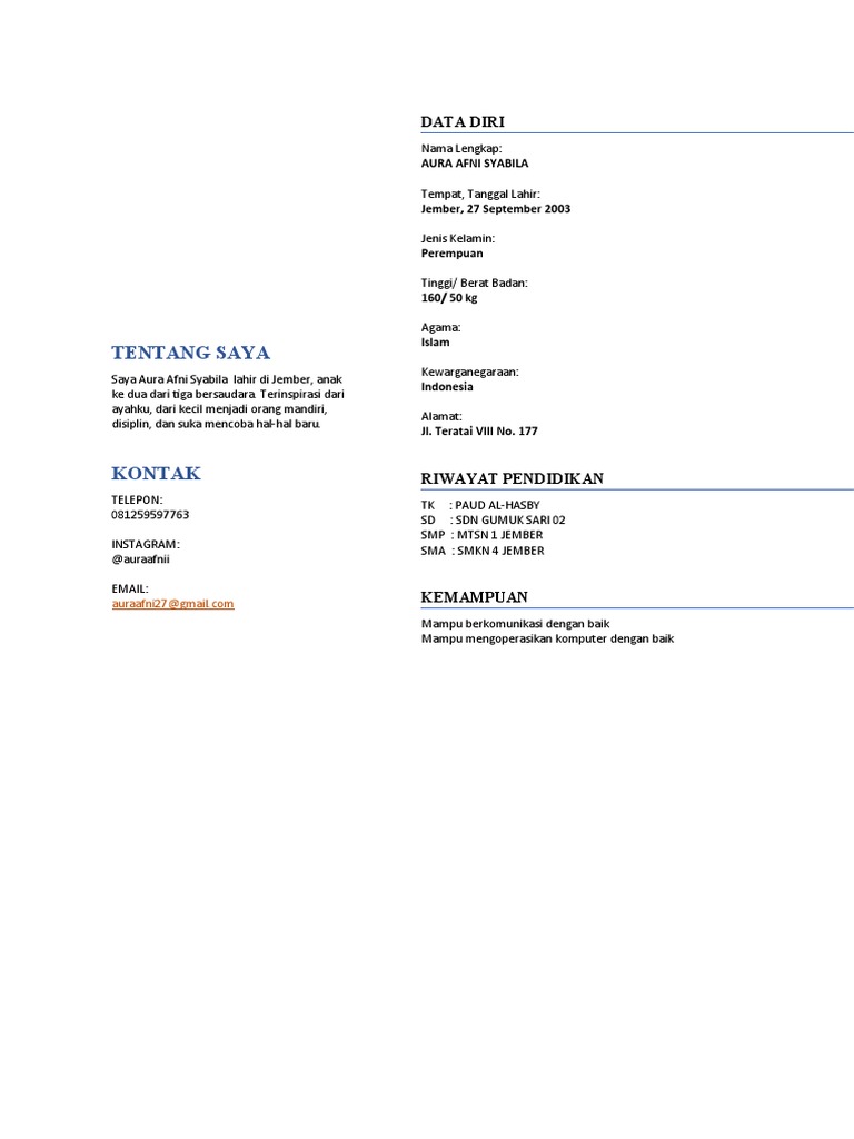 CV Aura Afni Syabila | PDF