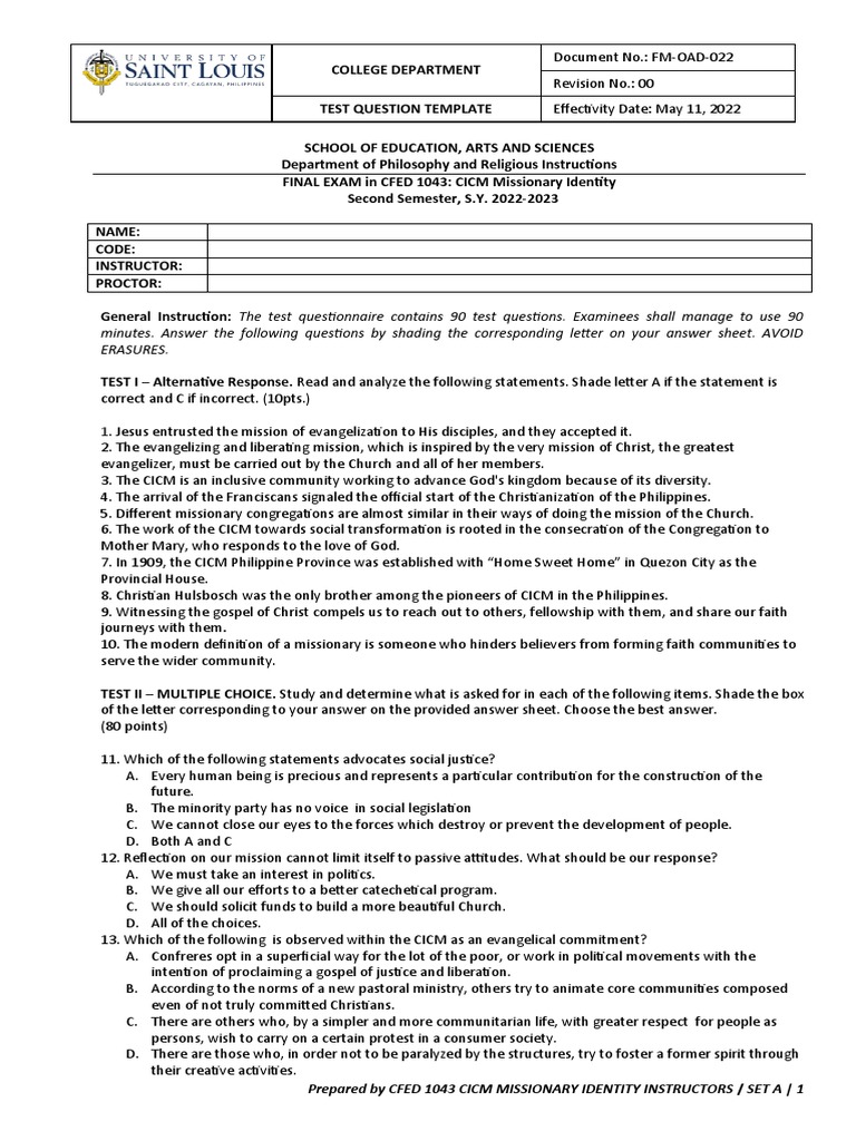 CFED Final Exams | PDF | Jesus | Christian Mission