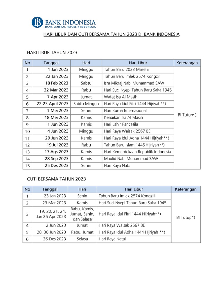 Kalender Libur BI 2023 | PDF