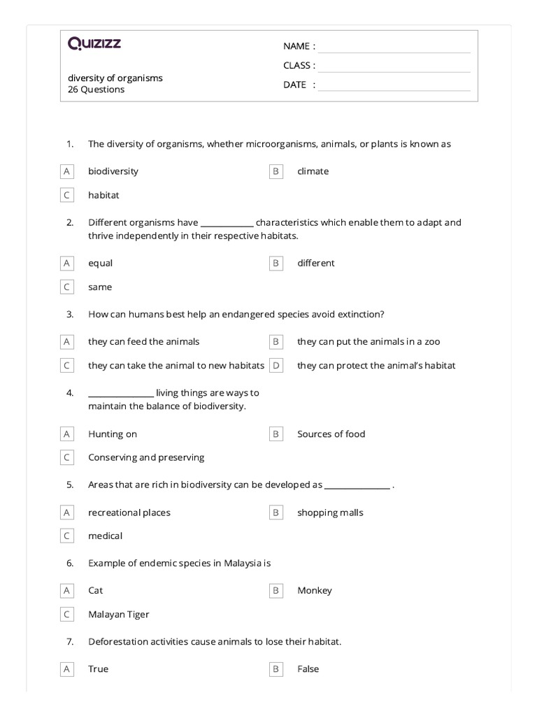 1.1 Worksheet - Diversity of Organism Quizizz | PDF | Biodiversity ...