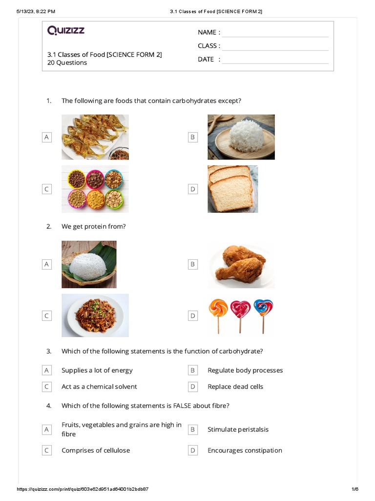 Classes of Food Quiz for Science Form 2 | PDF | Foods | Vitamin