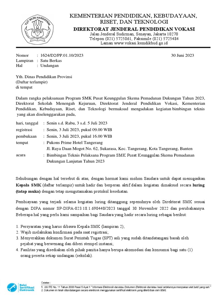 Surat UND SMK BIMTEK SMK PK SPD Lanjutan 2023 (3 S.D. 5 Juli 2023) | PDF
