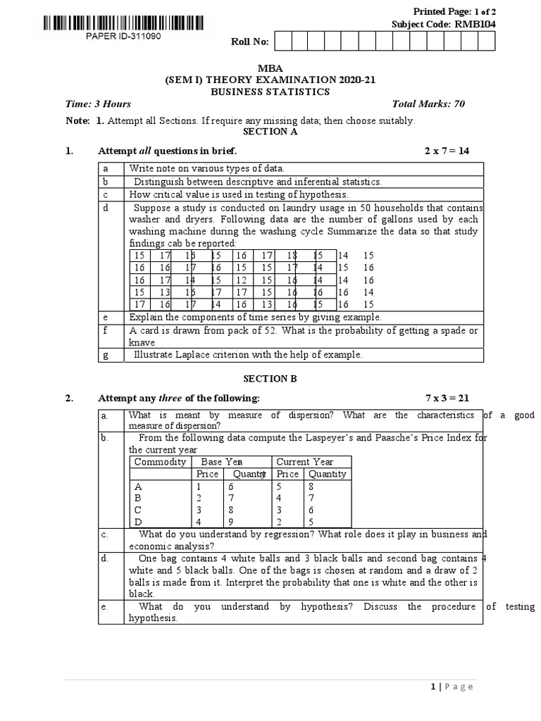 Mba 1 Sem Business Statistics Rmb104 2021 | PDF | Statistics ...