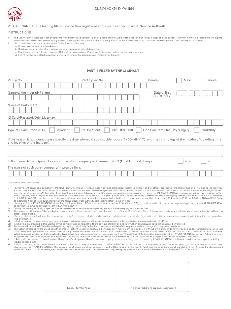 AIA Inpatient Claim Form Instructions | PDF | Physical Examination ...