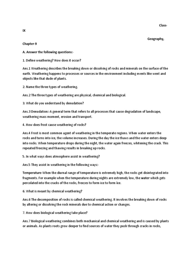 Class-IX Geography, Chapter-9 A. Answer The Following Questions | PDF | Weathering | Water