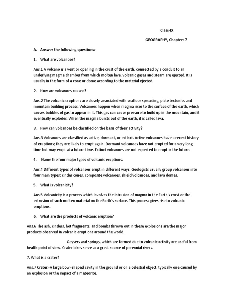 Class-IX GEOGRAPHY, Chapter:-7 A. Answer The Following Questions | PDF | Volcano | Types Of ...