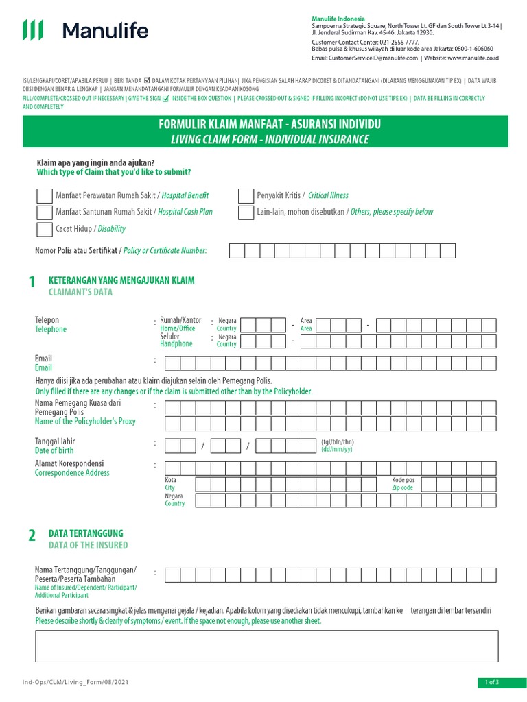Formulir Klaim Manulife - Asuransi Individu | PDF