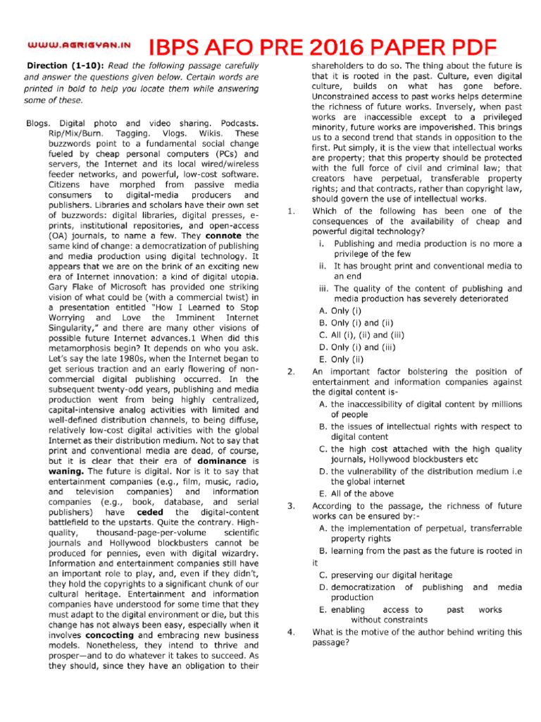 Ibps Afo Pre Paper 2016 | PDF