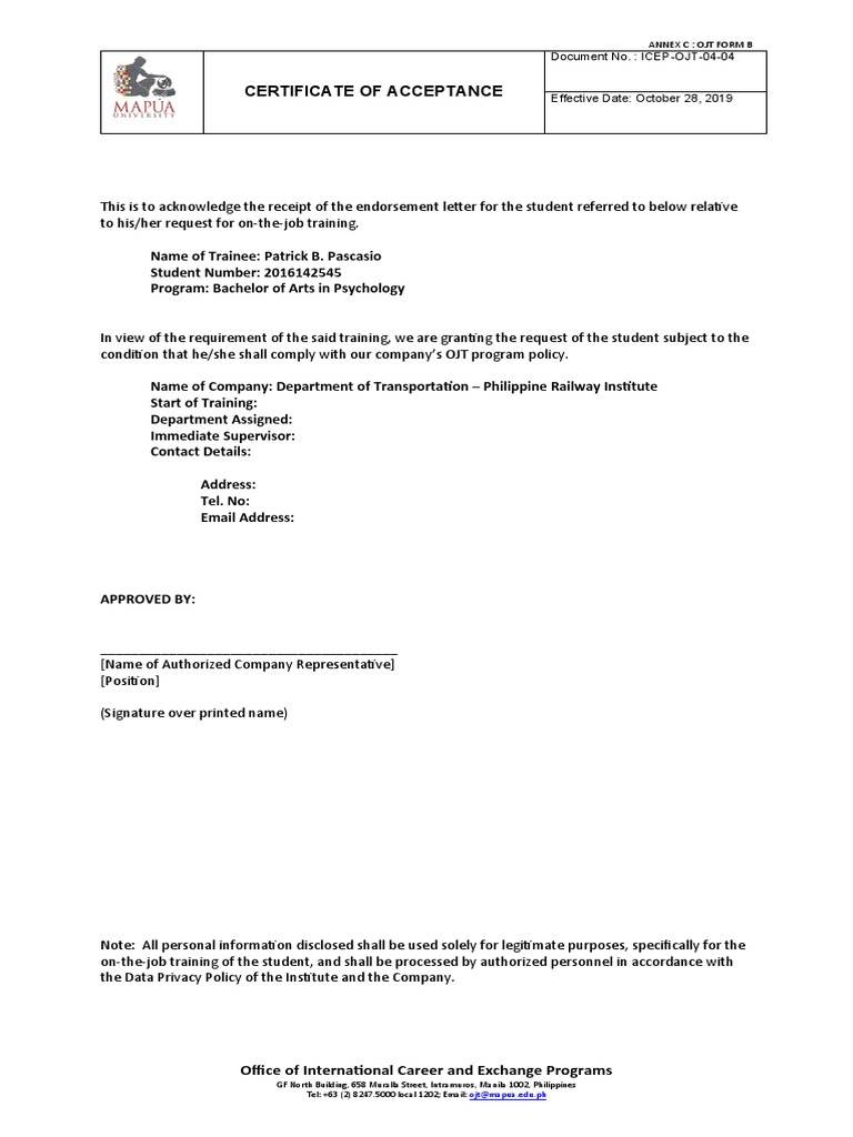 Icep-ojt-03-03 (Acceptance Template Certificate) (2) | PDF