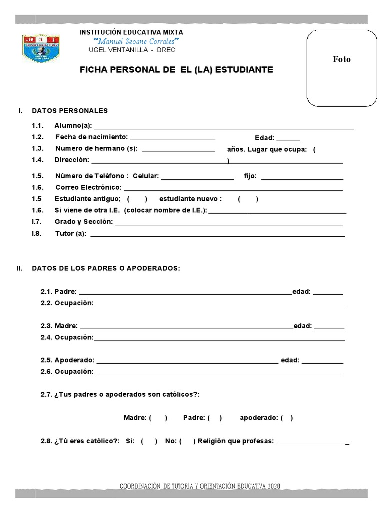Ficha Personal Del Alumno 2020 PDF | PDF