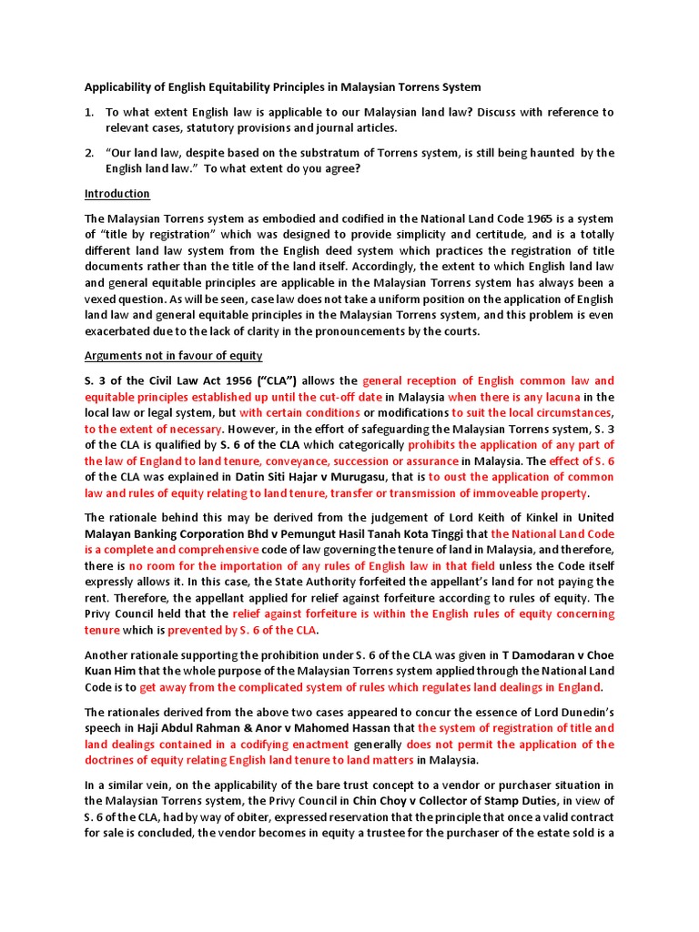 Applicability of English Equitability Principles in Malaysian Torrens ...