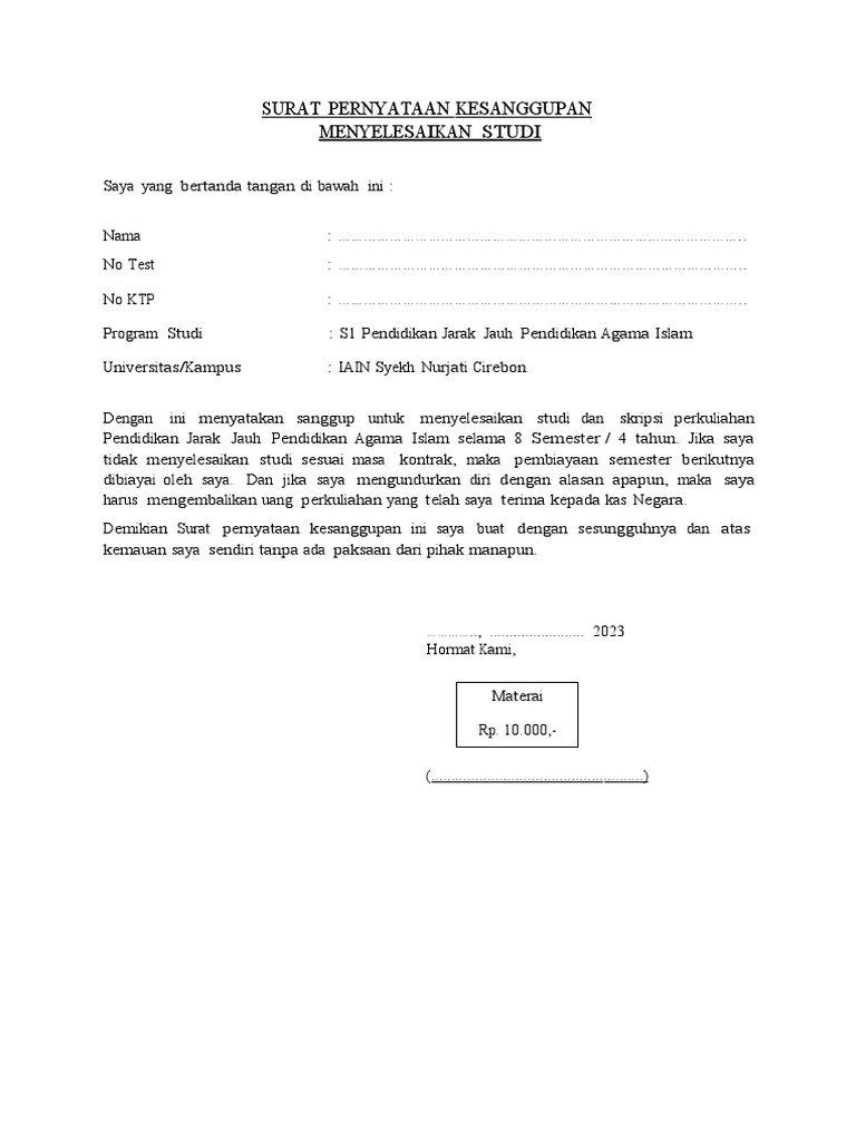 Surat Pernyataan Kesanggupan Perkuliahan | PDF