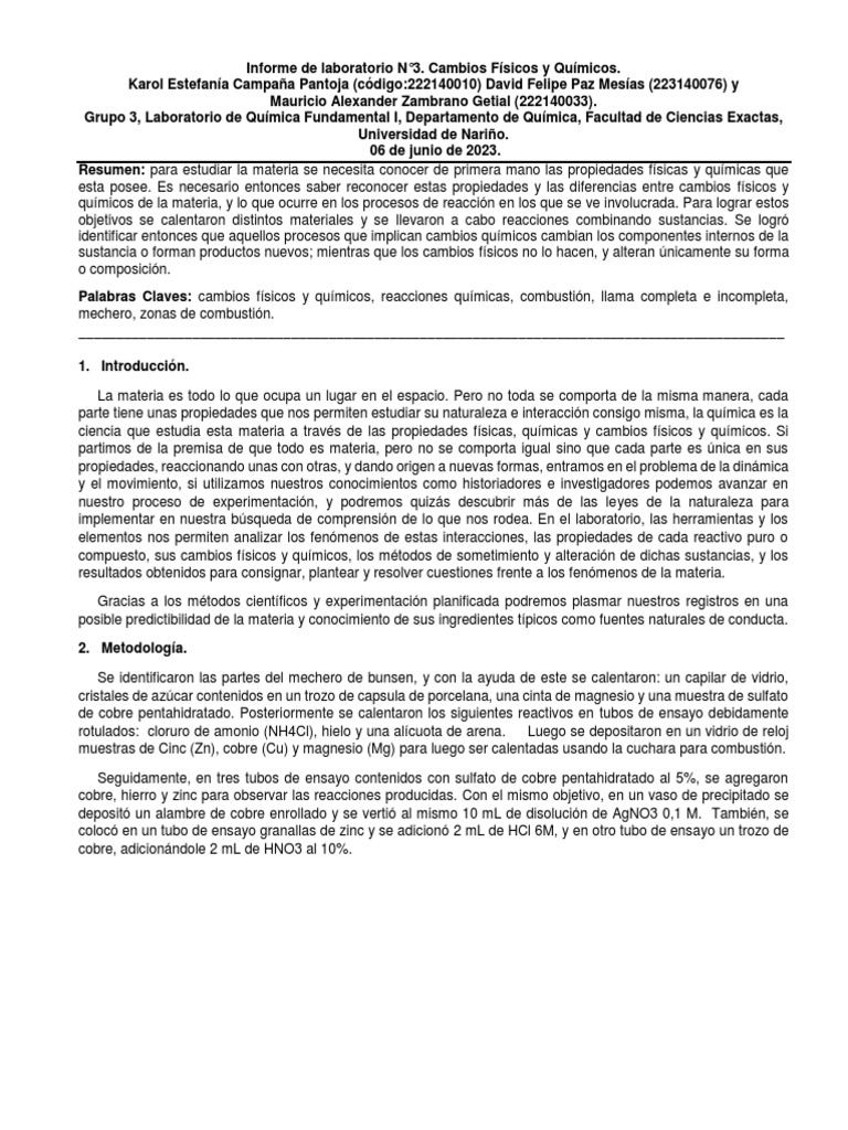 Informe De Laboratorio Quimica Fundamental N3 Pdf Química Cobre