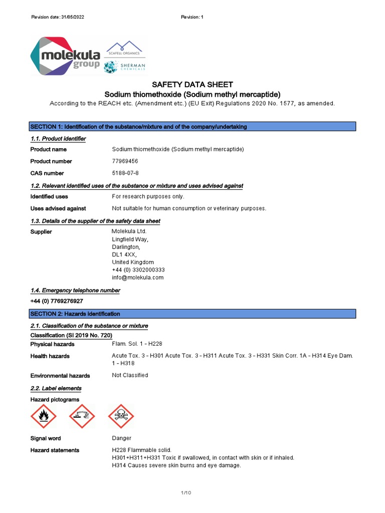 Safety Data Sheet - EN - (77969456) SODIUM THIOMETHOXIDE (SODIUM METHYL MERCAPTIDE) (5188-07-8 ...
