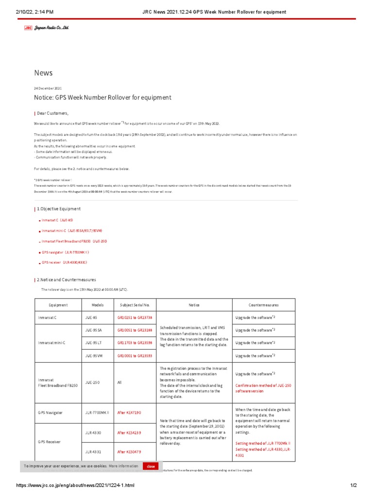 JRC GPS Week Number Rollover Notice | PDF | Global Positioning System ...