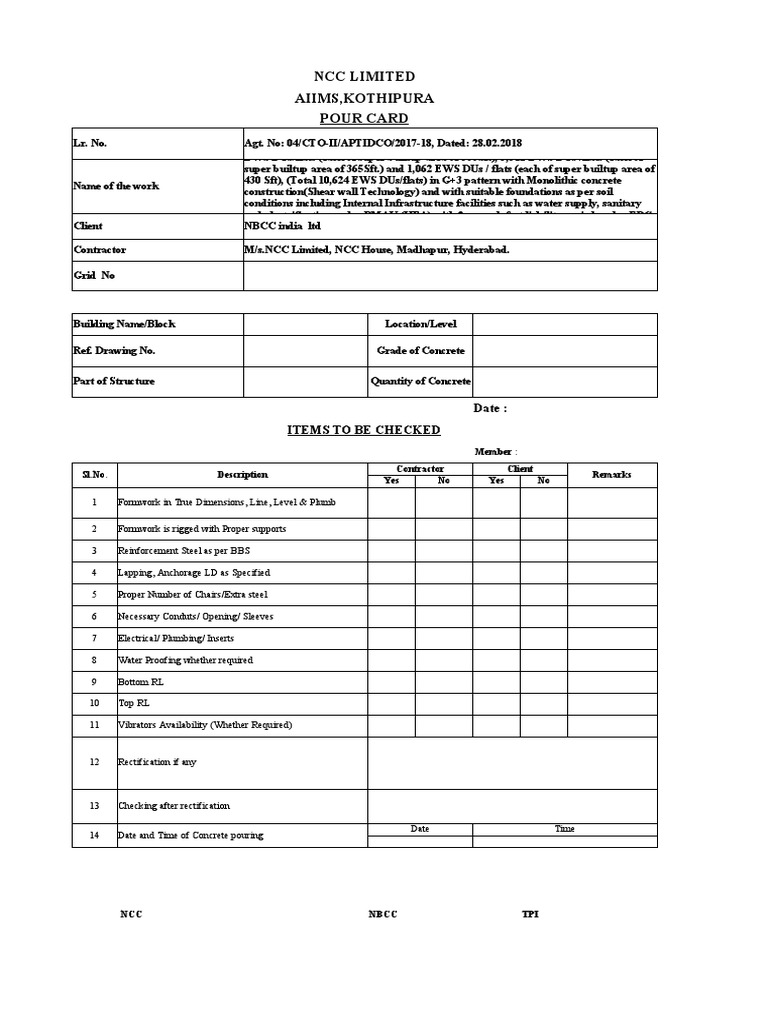 Pour Card | Download Free PDF | Concrete | Physical Sciences