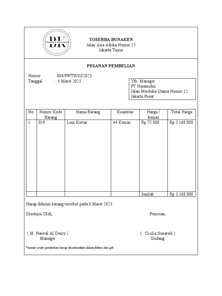 Contoh Surat Pesanan Pembelian | PDF