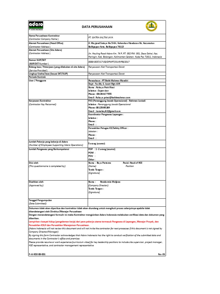 F-AI-HSE-08-001 Kuesioner CSMS Rev 01 - GATRA General | PDF