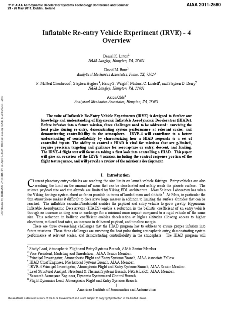 Inflatable Re-Entry Vehicle Experiment (IRVE) - 4 Overview | PDF ...
