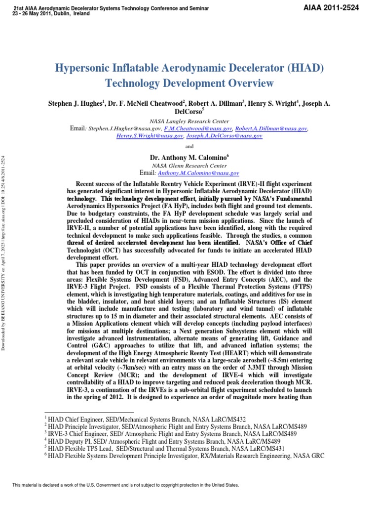 NASA's HIAD Tech Development | PDF | Atmospheric Entry | Nasa