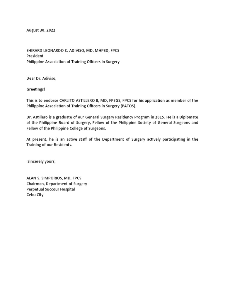 Corrected Endorsement Letter For Drs Astillero and Yap | PDF