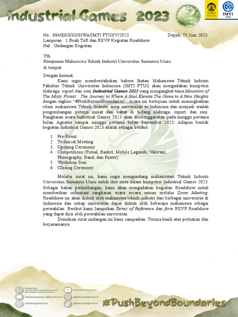 Surat Undangan Industrial Games 2023 Universitas Sumatera Utara | PDF