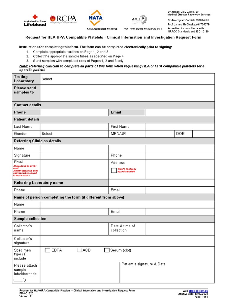 HLA/HPA Platelet Request Form | PDF | Blood Type | Blood Transfusion