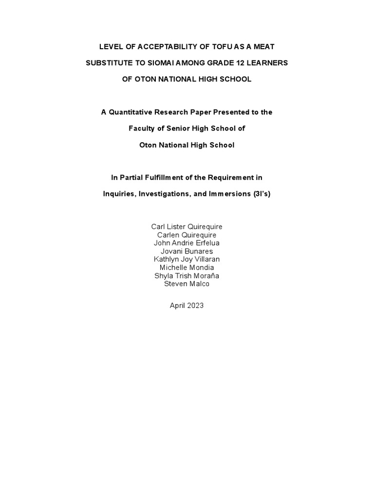 Level of Acceptability of Tofu As A Meat Title Page Final | PDF ...