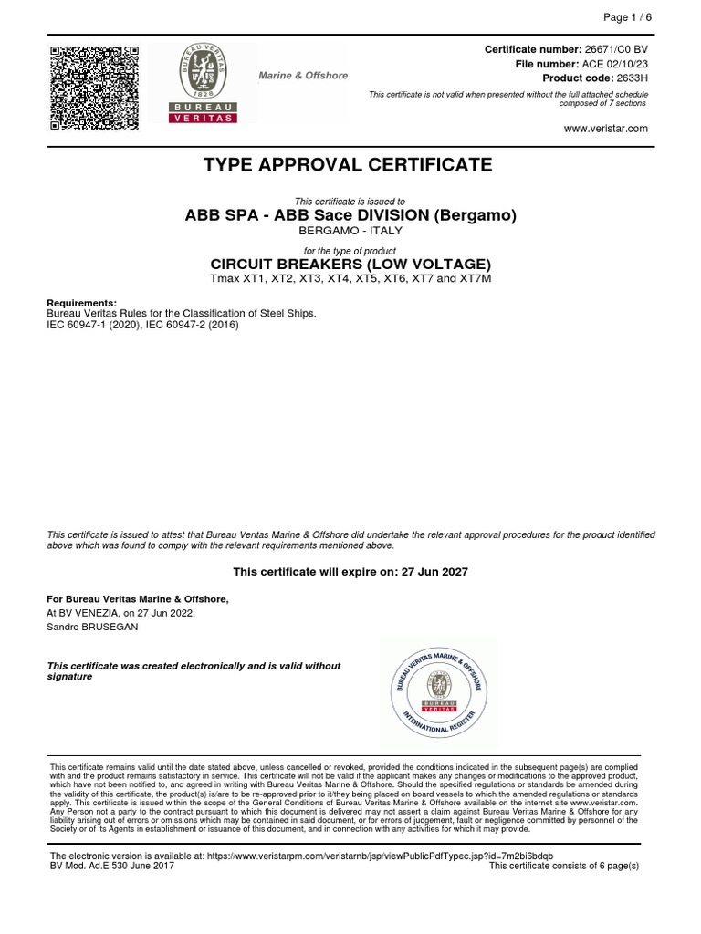 BV Certificate Tmax XT | PDF | Alternating Current | Electrical Engineering