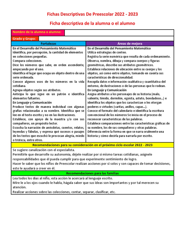 1 Fichas Descriptivas - Preescolar 2022 - 2023 | PDF | Educación de la ...