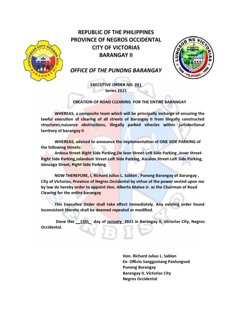 Executive Order No.1 2021.docx Creation of Road Clearing For The Entire ... Executive Order No.1 2021.docx Creation of Road Clearing For The Entire ...