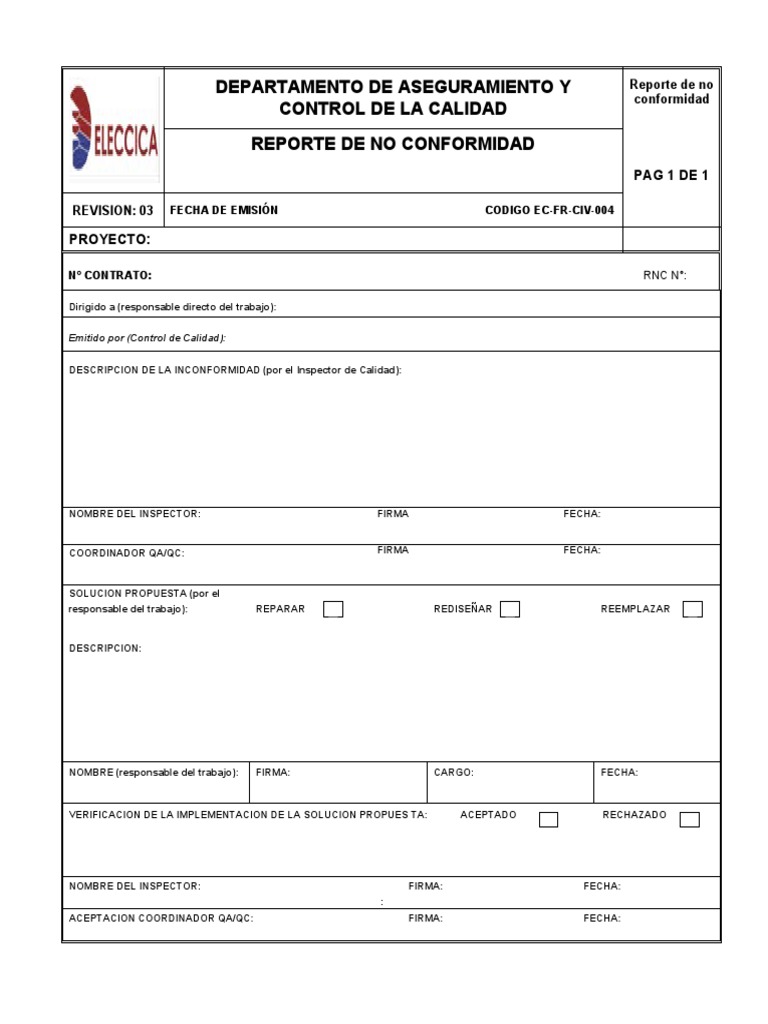 Reporte De No Conformidad Qaqc Pdf 6803