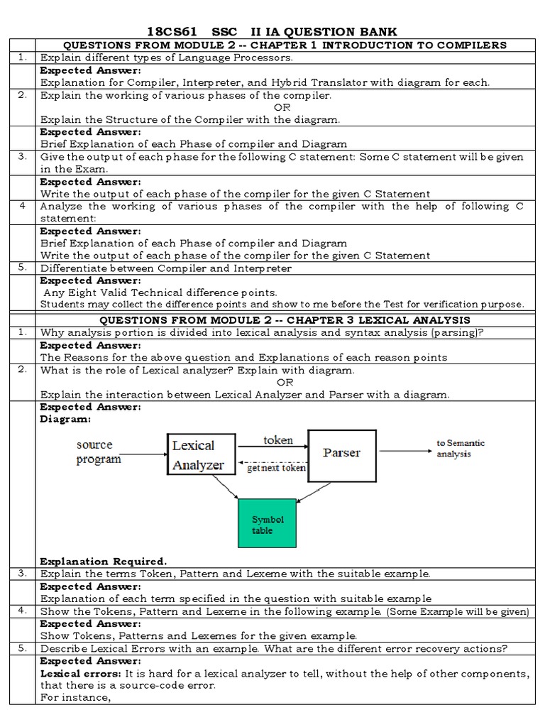 18cs61 Ssc Ii Ia Question Bank Pdf Compiler Parsing 