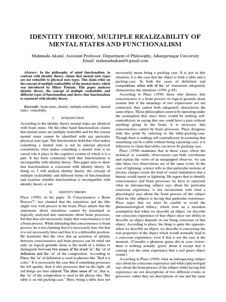 Identity Theory Multiple Realizability A | PDF | Concept | Mind