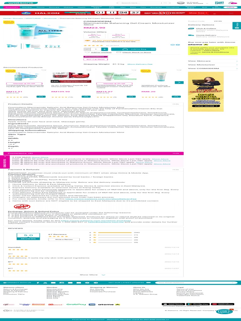 COSMODERM, Niacinamide Balancing Gel-Cream Moisturizer 50ml Watsons Malaysia | PDF | Payments ...