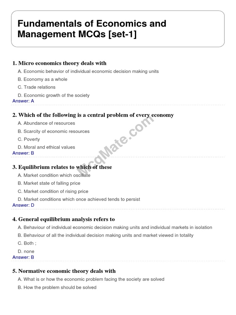 Economics and Management MCQs Set 1 | PDF | Economics | Market (Economics)