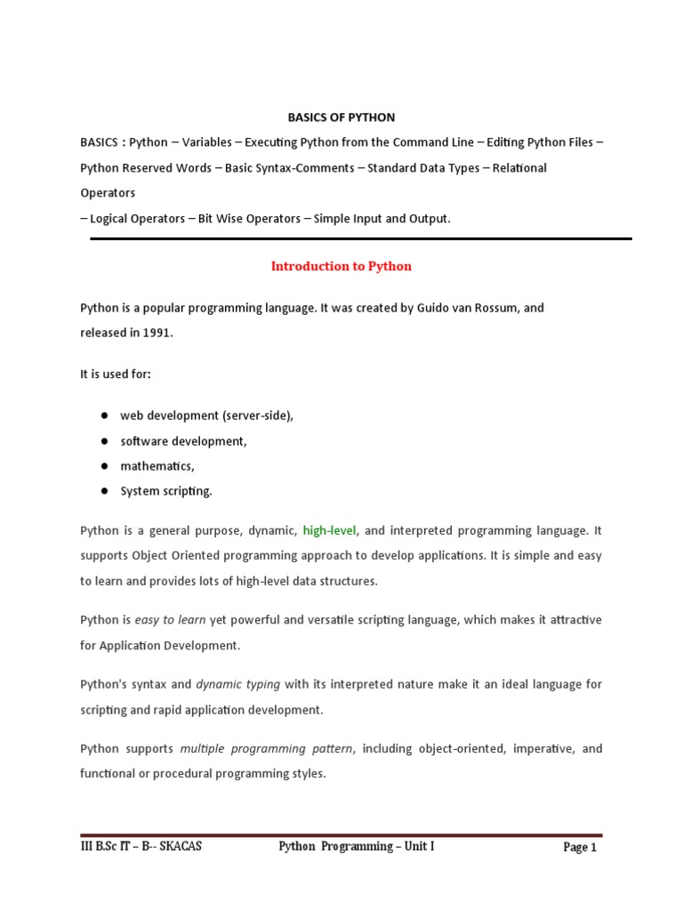 Python Unit I Pdf Python Programming Language Variable Computer Science 7512