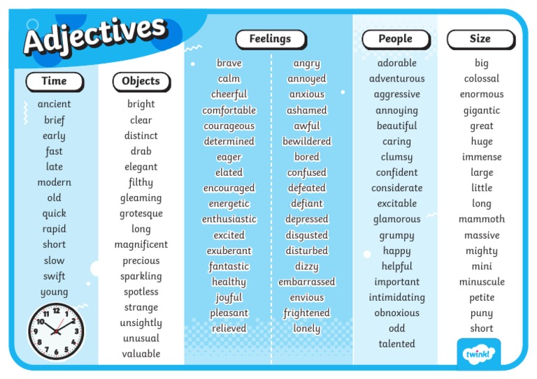 Adjective Chart Word Mat - Ver - 13 | PDF