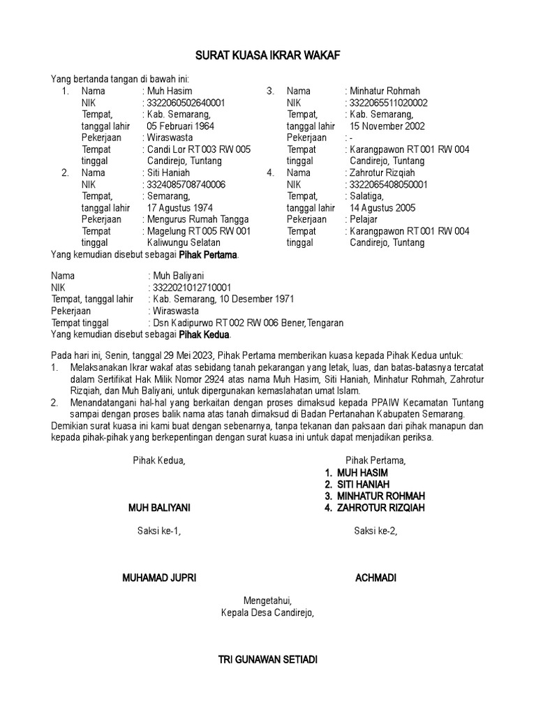 Surat Kuasa Ikrar Wakaf Tanah | PDF