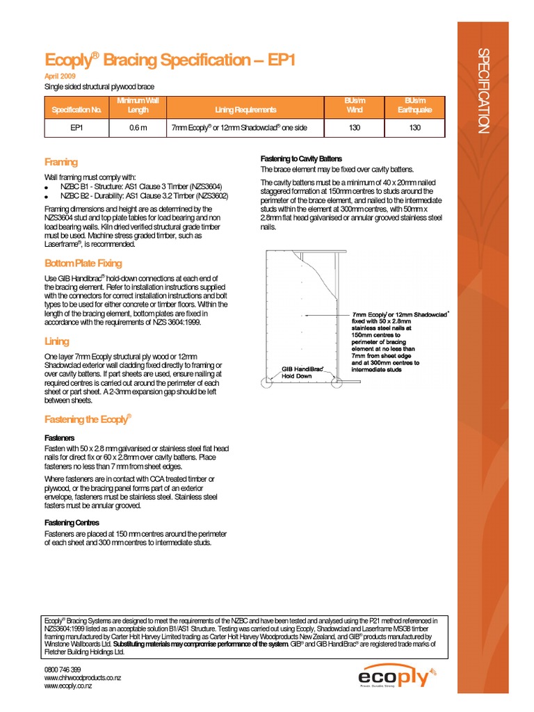 Ecoply Bracing - EP1 Specification (Apr-09) | PDF | Lumber | Plywood