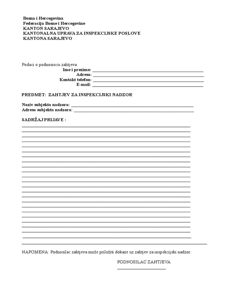 Obrazac Zahtjeva Za Inspekcijski Nadzor - 2023 | PDF