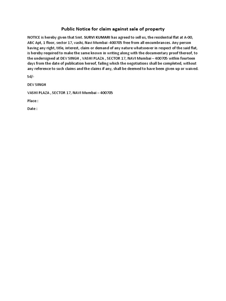 Property Sale Claim Notice | PDF